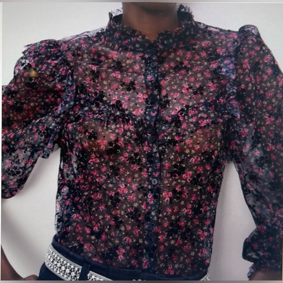 Zara | Tops | Zara Floral Print Long Sleeve Ruffle Blouse Medium ...